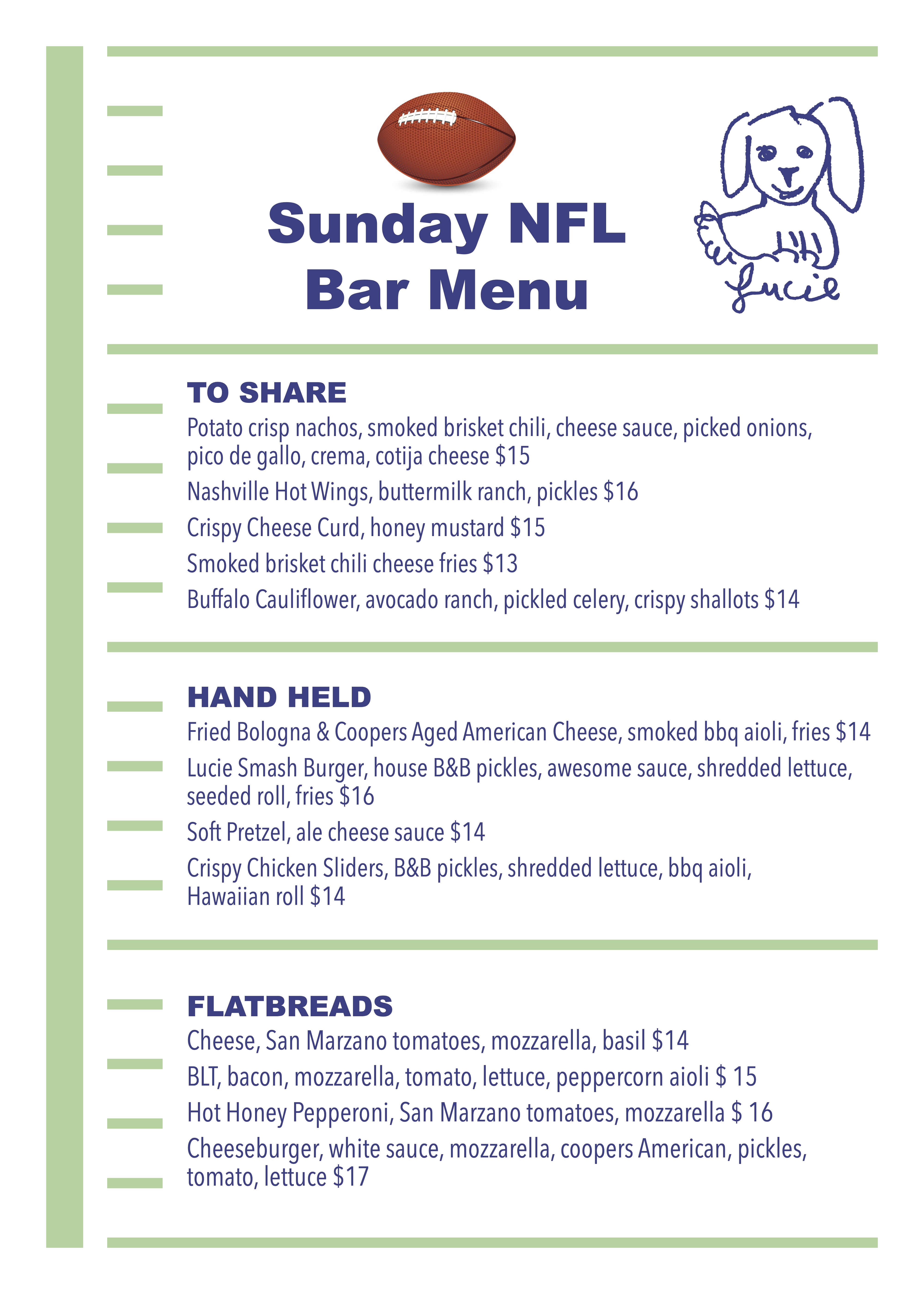 Sunday Football Menu at Lucie - Boston Restaurant News and Events