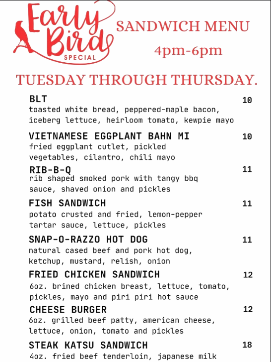 Early Bird Sandwich Menu - Boston Restaurant News and Events